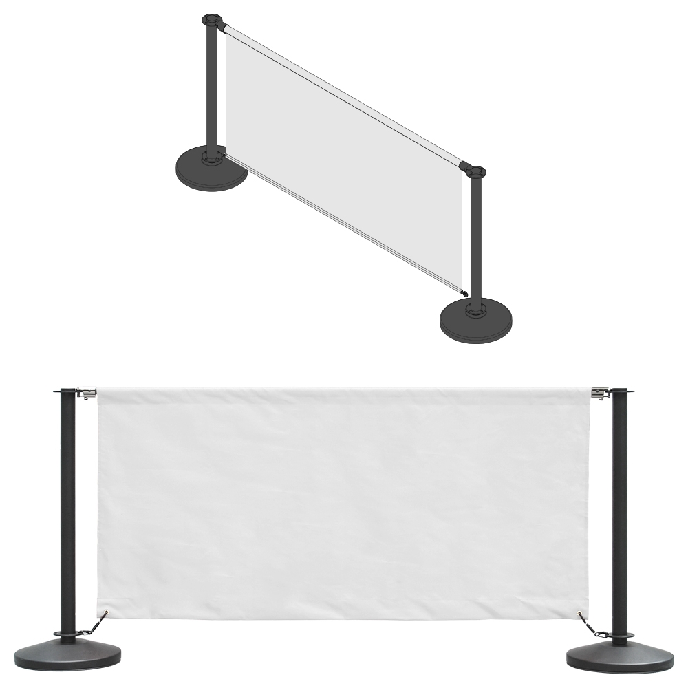 Cafe Barriers Screens – White Fabric Banner w/ 2 Black Posts