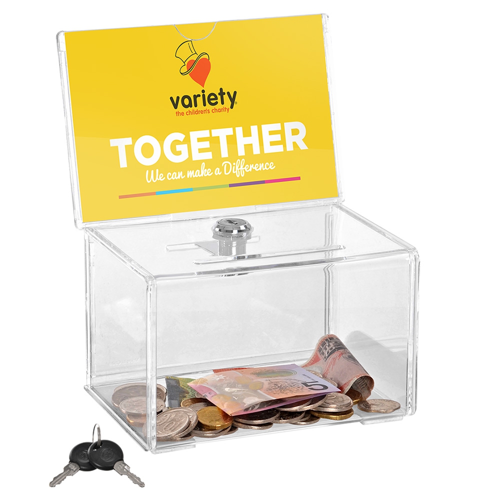 Donation Box with Lock – A6 Header - Ships Same Day ¦ Slimline Warehouse