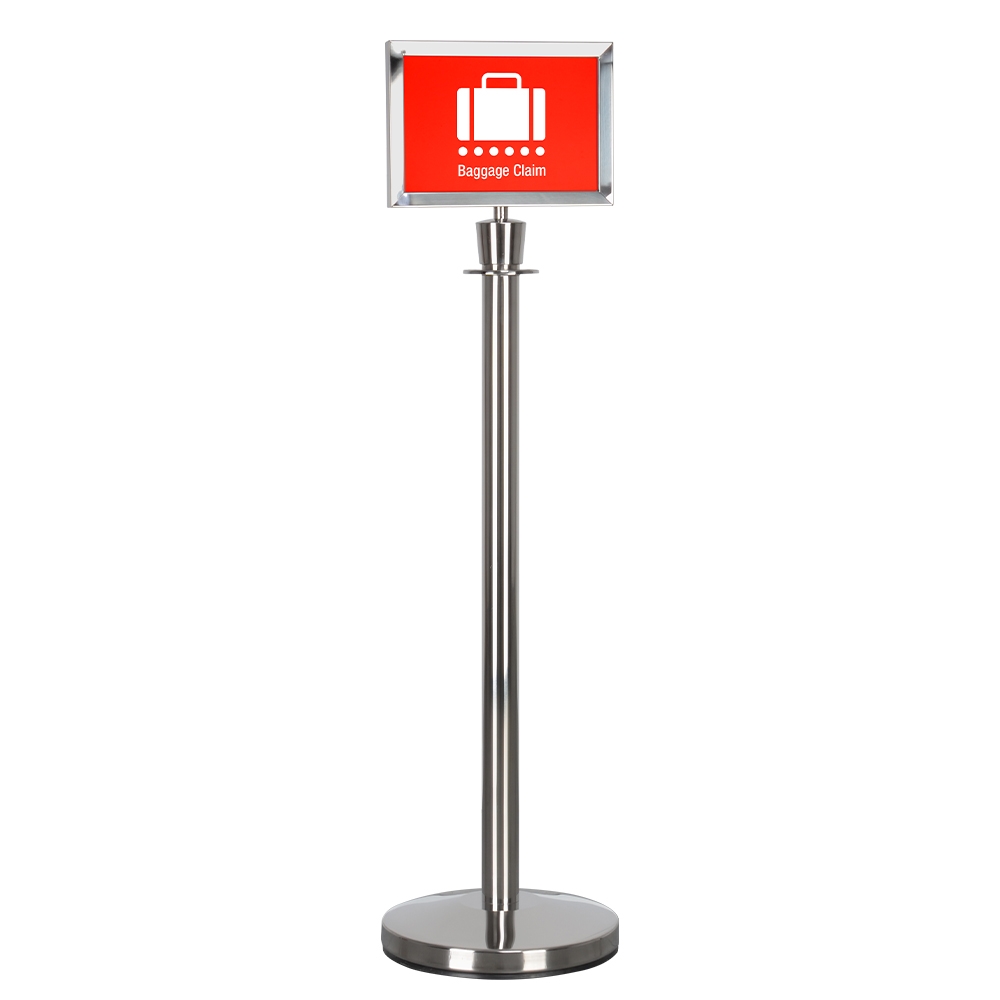 Barrier Post & A4 Sign Holder – Landscape format. Polished Silver