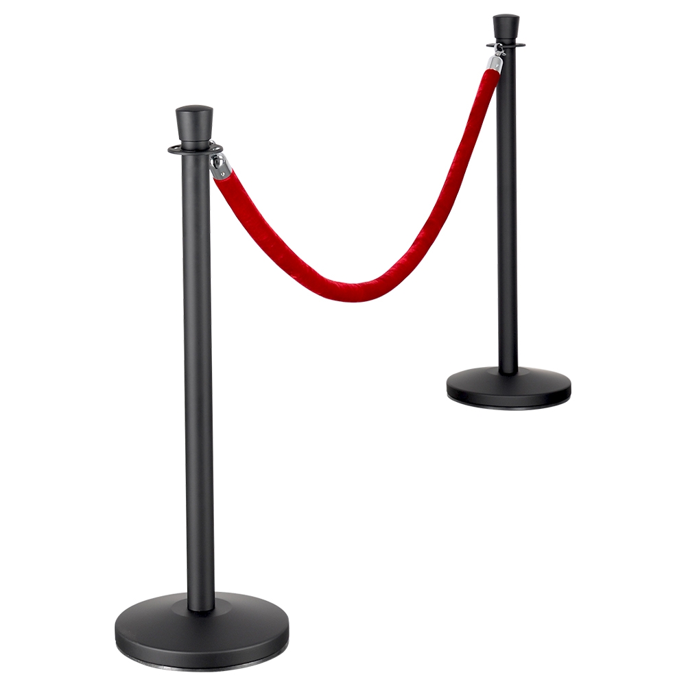Queue Rope Barrier - 2x 1m Black Posts & 2m Red Rope - Ships Same Day
