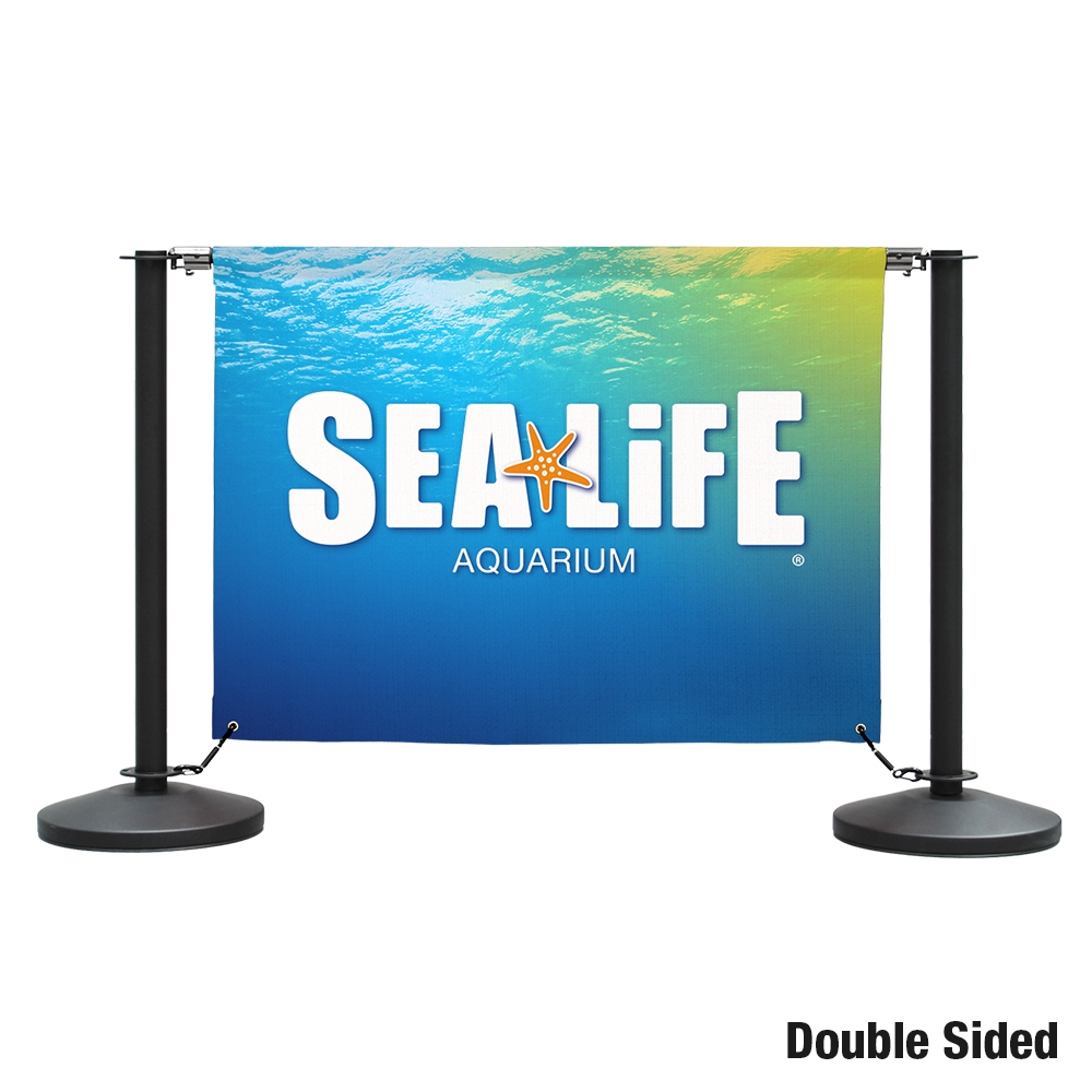 Outdoor Cafe Barrier – 7 White Fabric Banners w/ 8 Posts