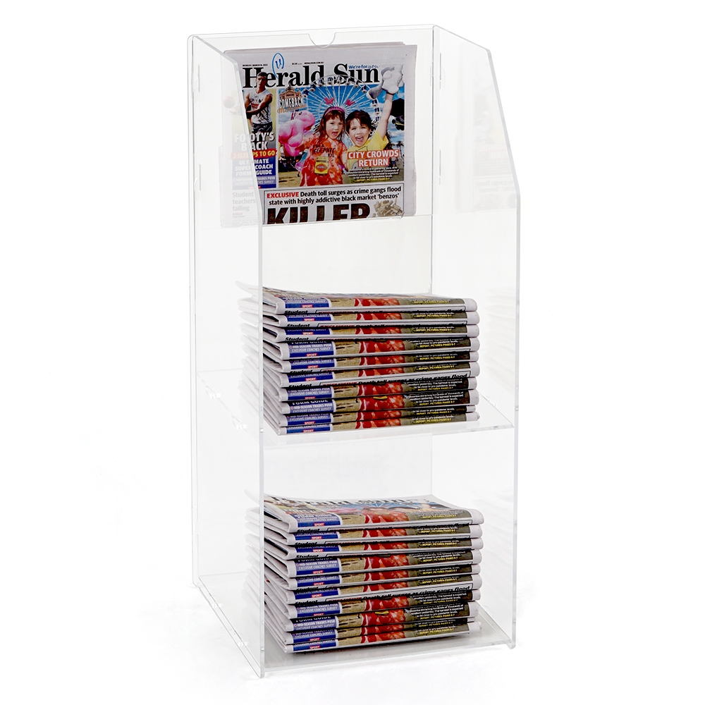 Acrylic Newspaper Rack – 2 Tiers w/ Pocket – Ships Today